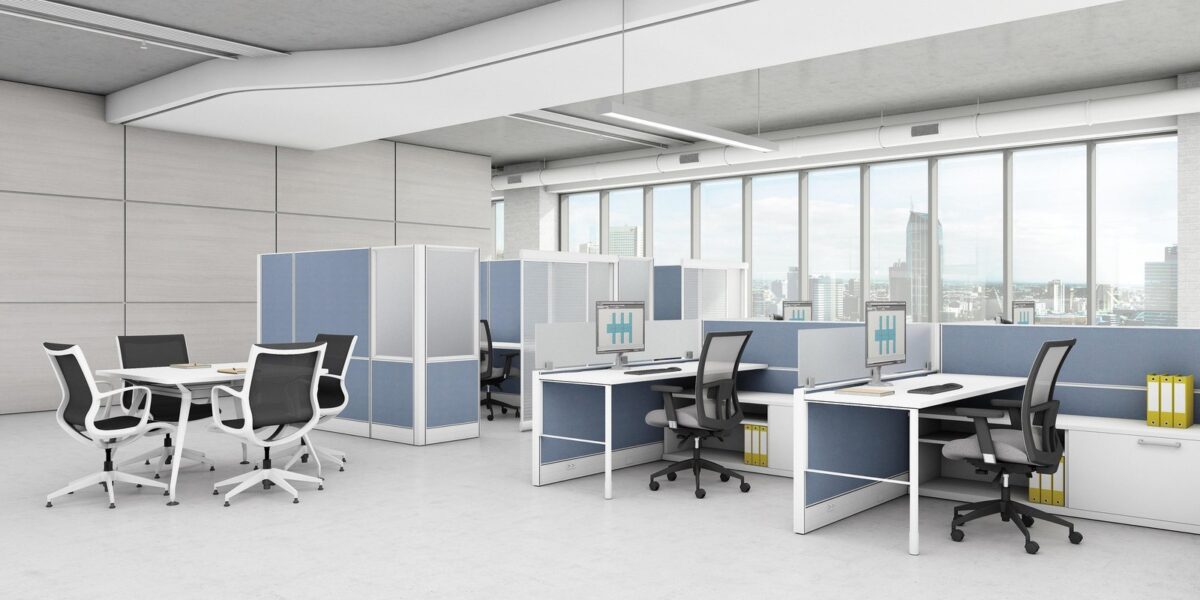 Compile 4-pack 54" H Office Cubicle System 8X8 with Glass Panels and ...